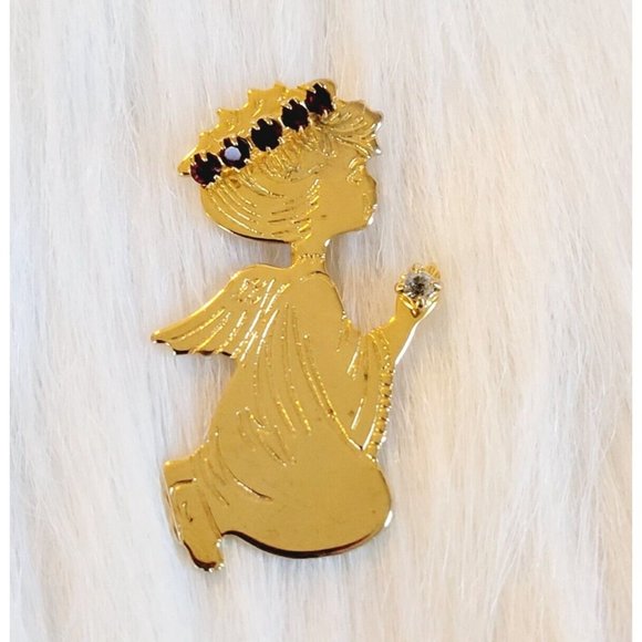 Jewelry | Vintage Boy Angel Red Rhinestone Brooch Pin Gold Tone Metal ...